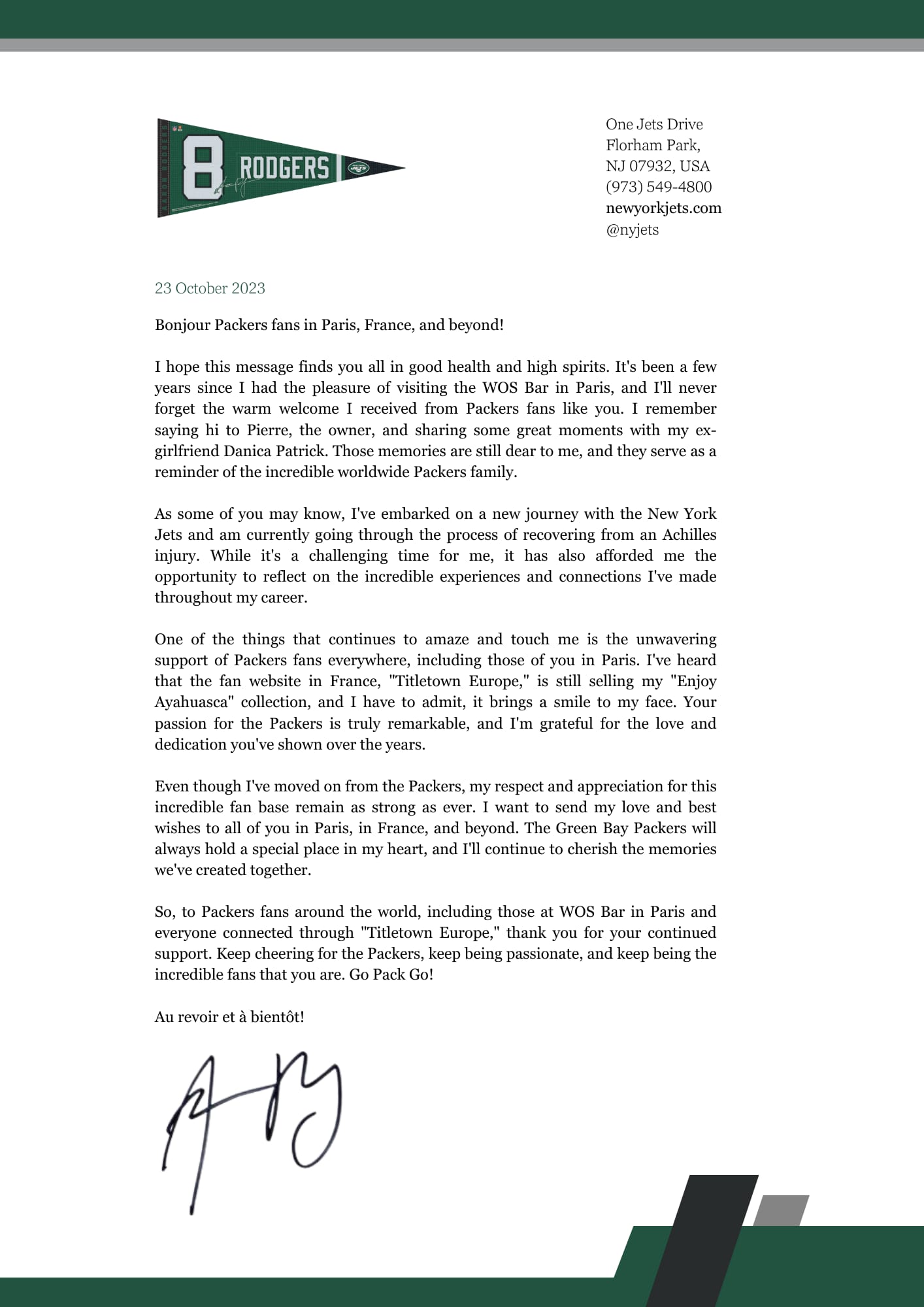 Aaron Rodgers' Letter To The Packers Fans in Paris, France -Thanks to A ...